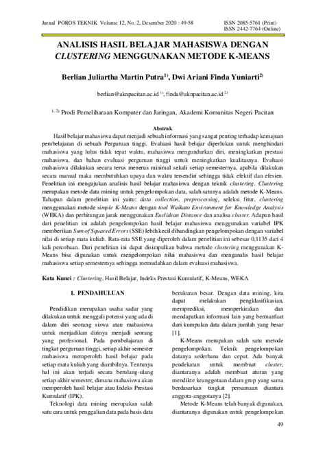 Pdf Analisis Hasil Belajar Mahasiswa Dengan Clustering Menggunakan