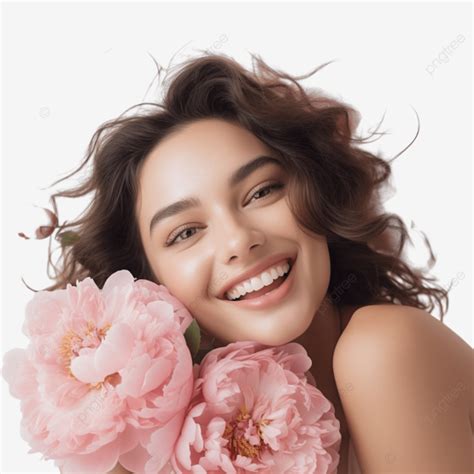 생일날 웃고 있는 아름다운 행복한 소녀 발렌타인 데이에 모란과 가까이 있는 소녀의 얼굴 꽃 소녀 꽃을 든 여자 핑크 소녀