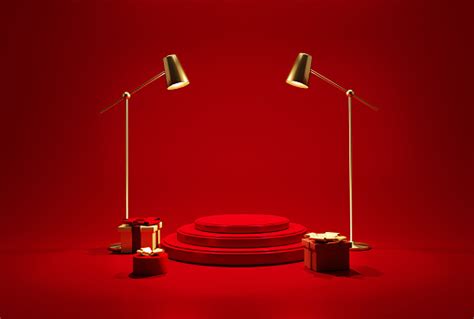 레드 위너 스테이지 플로어 램프로 조명 된 연단 조명 프로젝터 선물 상자가있는 Torchiere 받침대 광원 홍수 빛 프리젠 테이션 제품에 대한 개념 3d 렌더링 이미지 3