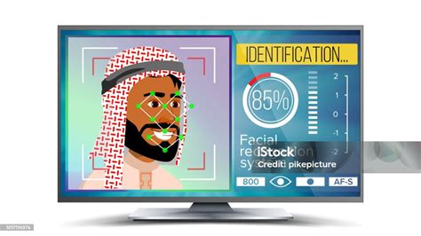 얼굴 인식 식별 시스템 벡터입니다 얼굴 인식 기술입니다 화면에 아랍 얼굴입니다 다각형 및 포인트 인간의 얼굴입니다 검색 보안