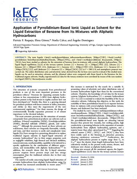 Pdf Application Of Pyrrolidinium Based Ionic Liquid As Solvent For The Liquid Extraction Of