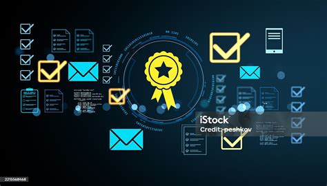 체크리스트 아이콘 문서 이메일 및 코딩 요소가 있는 디지털 배지는 품질 보증 개념을 나타내는 빛나는 어두운 배경에 있습니다 3d 렌더링 0명에 대한 스톡 사진 및 기타