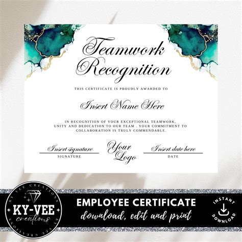 Teamwork Recognition Certificate Instant Download Printable Employee