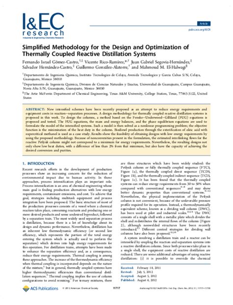 Pdf Simplified Methodology For The Design And Optimization Of Thermally Coupled Reactive