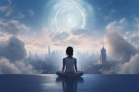 Premium Ai Image Serene Woman Meditating Midair In A Futuristic City Generative Ai