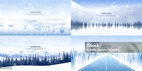 벡터 그림입니다 평평한 겨울 풍경 간단한 눈 덮인 배경 눈이 떠있습니다 강 설 맑은 푸른 하늘 블리자드 눈 덮인 날씨 겨울 파노라마 배경 화면 배경 집합입니다 고속도로에