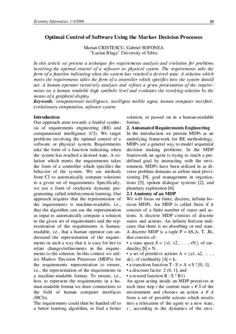 pdf optimal control of software using the markov decision processes