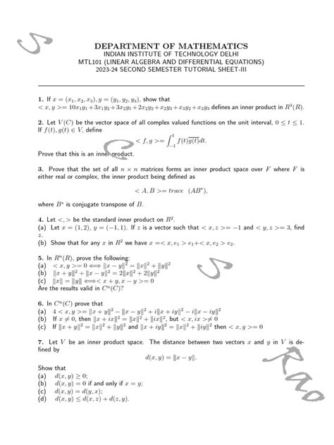 Mtl101 Tutorial Sheet 3 Pdf Linear Subspace Basis Linear Algebra