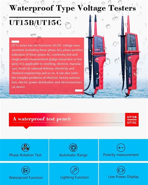 UNI T UT15B UT15C Waterproof 24V 690V Digital LCD AC DC Voltage Continuity Circuit Tester LED