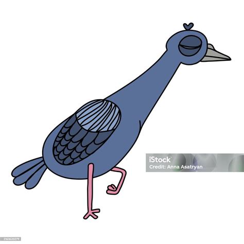 흰색 배경에 만화 스타일로 눈을 감고 재미 있게 걷는 비둘기의 벡터 일러스트 레이 션 검은색에 대한 스톡 벡터 아트 및 기타 이미지 검은색 귀여운 낙서 드로잉