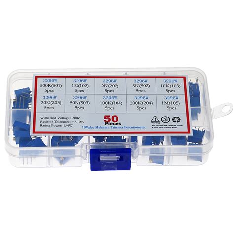 50pcs 3296w Multiturn Trimmer Potentiometer Kit High Precision Variable Resistor With Box Kit