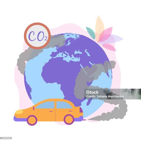 배기 파이프에서 자동차 연기 글로벌 co2 배출 대기 오염 차량 오염의 은유 다채로운 벡터 일러스트레이션입니다 0명에 대한 스톡