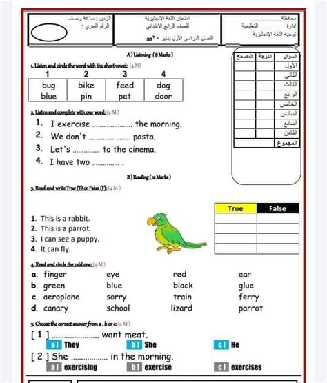 اختبار انجليزي للصف الرابع ترم اول 2024