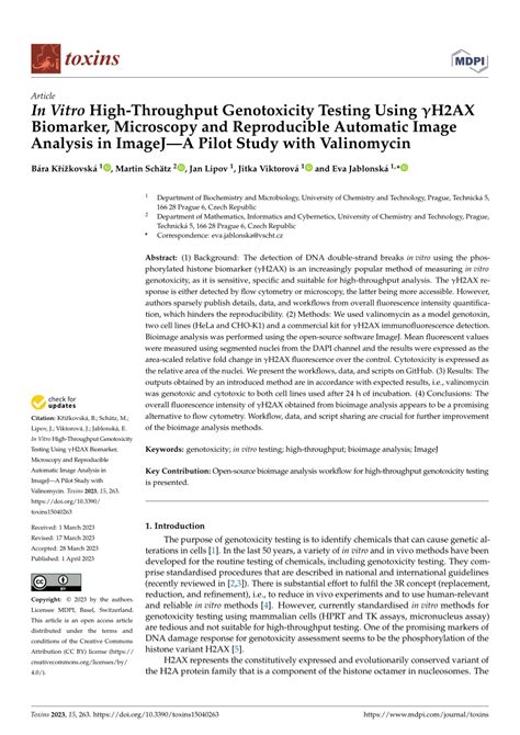 Pdf In Vitro High Throughput Genotoxicity Testing Using γh2ax Biomarker Microscopy And