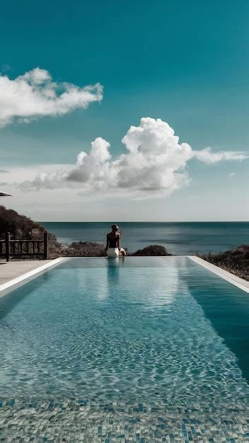 Beautiful Outdoor Infinity Swimming Pool In Hotel Resort With Sea Ocean View And White Cloud