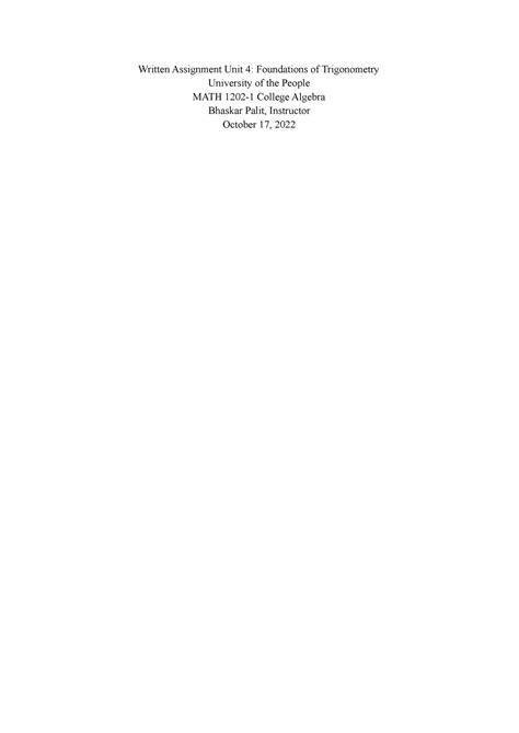 Math 1201 College Algebra Written Assignment Unit 7 Written Assignment Unit 4 Foundations Of