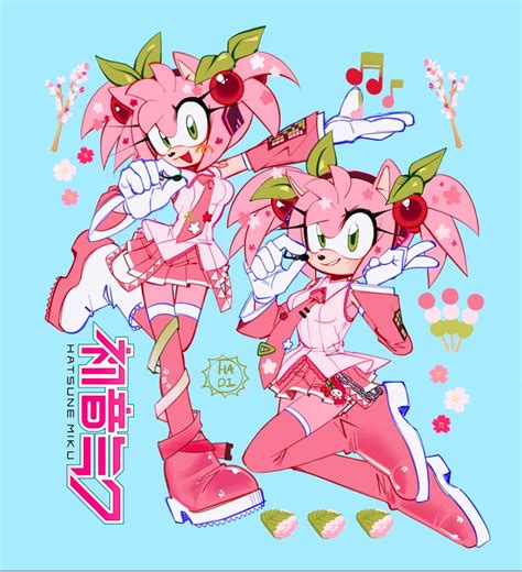 Hatsune Miku Sakura Miku And Amy Rose Vocaloid And More Drawn By