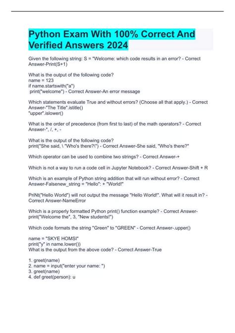 Python Exam With 100 Correct And Verified Answers 2024 Python Stuvia Us