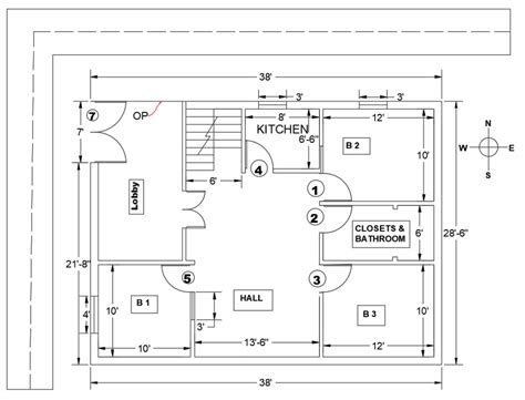 3bhk Simple House Layout Plan With Dimensions In Autocad Fil