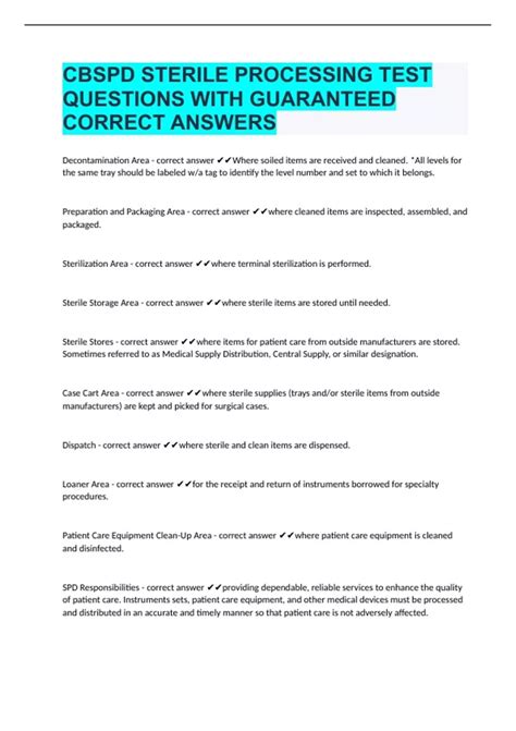 Cbspd Sterile Processing Test Questions With Guaranteed Correct Answers