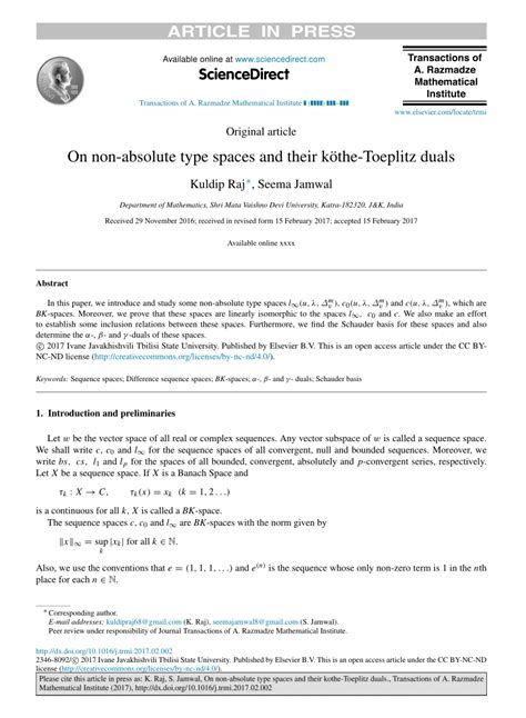Pdf On Non Absolute Type Spaces And Their Köthe Toeplitz Duals