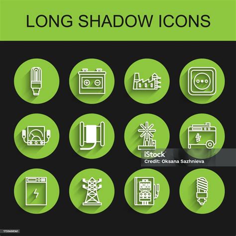 라인 전원 은행 고전압 전봇대 라인 Led 전구 전기 패널 릴 또는 드럼의 와이어 전기 케이블 휴대용 발전기 및 풍력 터빈 아이콘을 설정합니다 벡터 0명에 대한 스톡 벡터