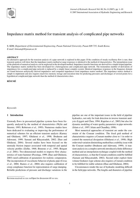 Pdf Impedance Matrix Method For Transient Analysis Of Complicated Pipe Networks