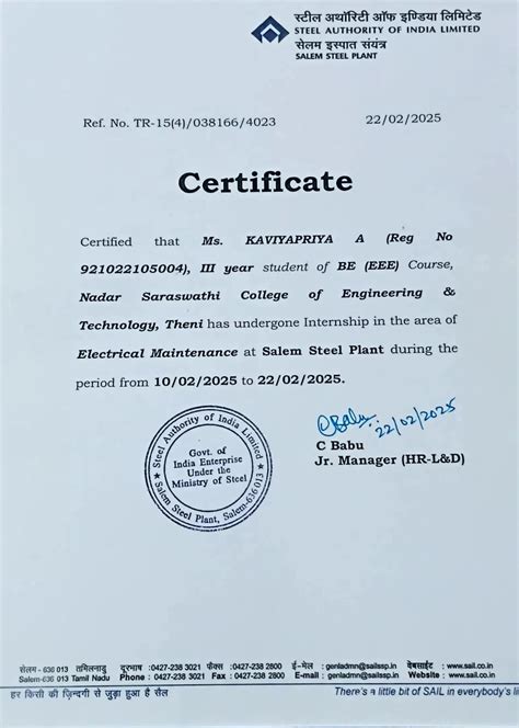 🌟 Successfully Completed Internship At Salem Steel Plant Sail 🌟