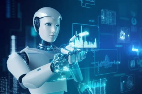 A Robot Touching A Screen With A Futuristic Interface In The Background Stock Illustration