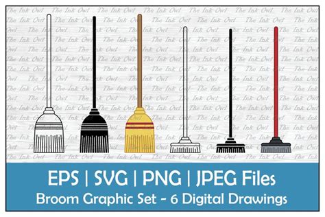 Broom Outline Silhouette And Color Clipart Set