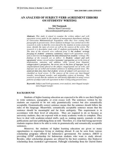 Subject Verb Agreement Errors In Writing Pdf