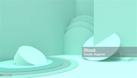 연단 원 기하학적 구성 모양 최소한의 현대 개념 아트 파스텔 녹색 벽 장면 녹색 배경3d 렌더링 추상적인에 대한 스톡 사진 및 기타 이미지 Istock