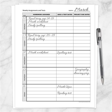 Weekly School Assignments And Tests Sheet Printable Printable Planning