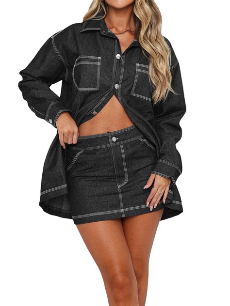 Denim Sets Women 2 Piece Outfits Short Sleeve Button Down Denim Shirt
