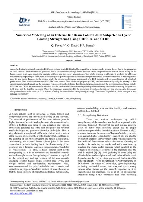 Pdf Numerical Modelling Of An Exterior Rc Beam Column Joint Subjected To Cyclic Loading