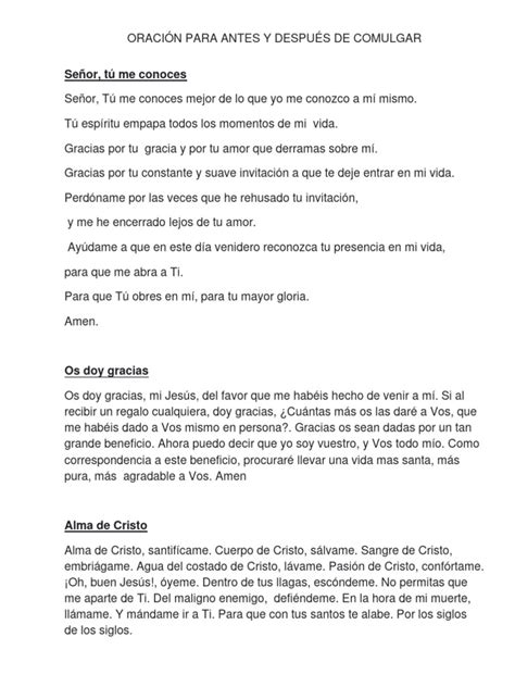 Oraciones Para Antes Y Después De Comulgar Pdf Eucaristía Oración