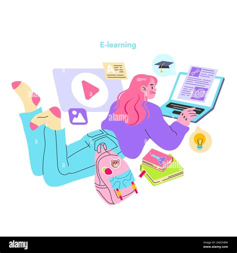 Digital Natives Concept Young Woman Engaging In Online Education With Various E Learning Icons