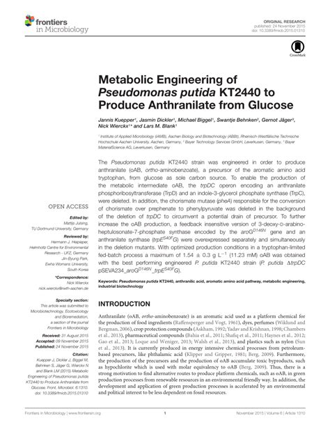 Pdf Metabolic Engineering Of Pseudomonas Putida Kt2440 To Produce Anthranilate From Glucose
