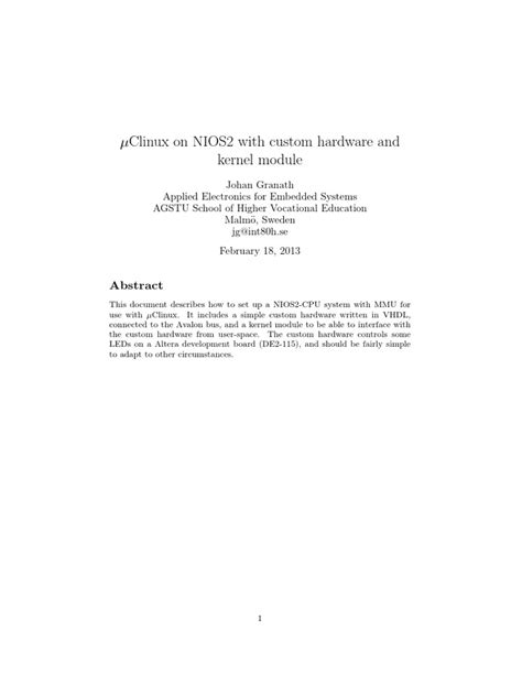 Uclinux Nios2 Custom Hardware Pdf Device Driver Kernel Operating