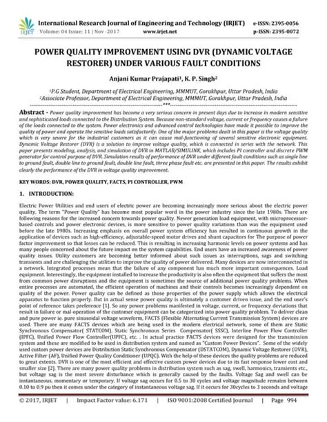 Power Quality Improvement Using Dvr Dynamic Voltage Restorer Under