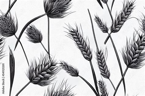 Horizontal Seamless Border With Hand Drawn Spikelets Of Wheat In Sketch 2d Illustration