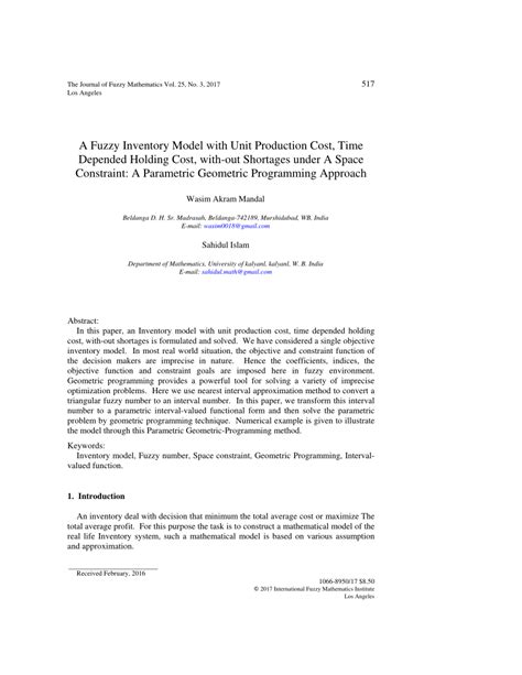 pdf fuzzy inventory model with unit production cost time depended