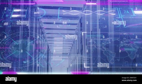 Image Of Interface With Data Processing And Mathematical Equations Against Server Room Computer