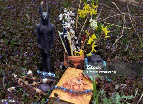아누비스 신 동상과 정원의 의식 제단에 꽃이 있는 마법의 주문 책 오컬트 밀교 및 점술 정물 빈티지 물건이 있는 신비로운 외부 배경 두개골에 대한 스톡 사진 및 기타 이미지