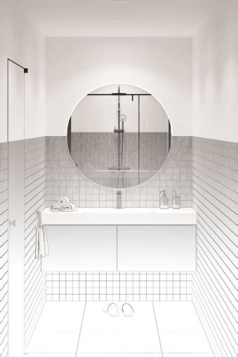 스케치는 벽에 회색 타일이있는 실제 현대적인 좁은 욕실이되고 천장에 회색 캐비닛 수건 회색 바닥 문 조명이있는 세면대 위의 둥근 거울이 있습니다 0명에 대한 스톡 사진 및