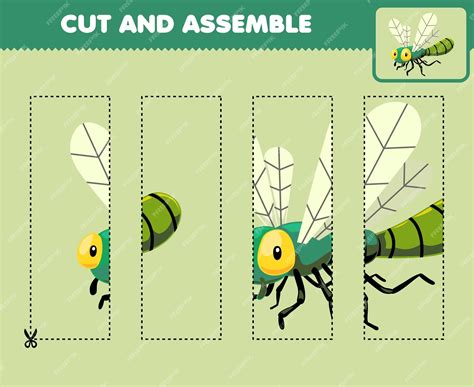 어린이를 위한 교육 게임 절단 연습 및 귀여운 만화 잠자리 인쇄 가능한 버그 워크시트로 퍼즐 조립 프리미엄 벡터