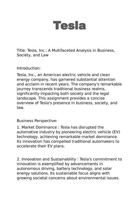 Tesla Assignment Tesla Title Tesla Inc A Multifaceted Analysis In Business Society And