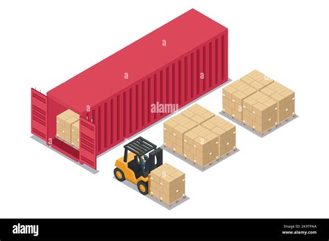Isometric Forklift Unloading Stacked Boxes On Pallet From Red Container