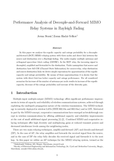 Pdf Performance Analysis Of Decouple And Forward Mimo Relay Systems In Rayleigh Fading
