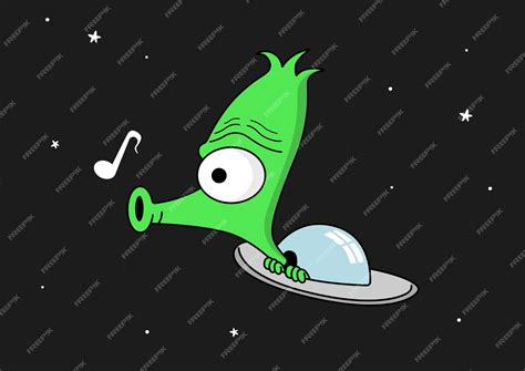 우주에서 귀여운 외계인 캐릭터 그의 우주선 Ufo에 들여다보고 휘파람 만화 스타일 ⁇ 터 프리미엄 벡터